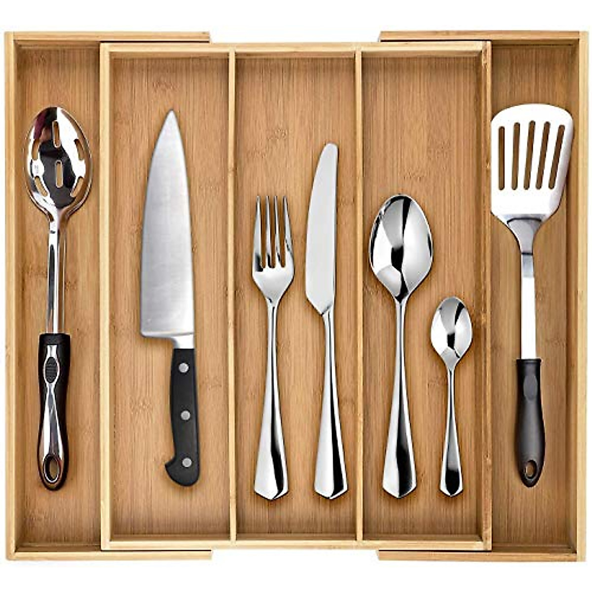 Dynamic Gear Premium Bamboo Drawer Organizer, Silverware Organizer, 100% Pure Bamboo, Adjustable Utensil Organizer, Kitchen Drawer Organizer, Silverware Tray for Drawer (3-5 slots)