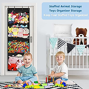 Melpler Stuffed Animal Storage - Stuffed Animal Holder, Hanging Stuffed Animal Organizer for Nursery, Over the Door Organizer for Stuffies, Toy Plush Storage with 4 Hooks 3 Support Rods(Black)
