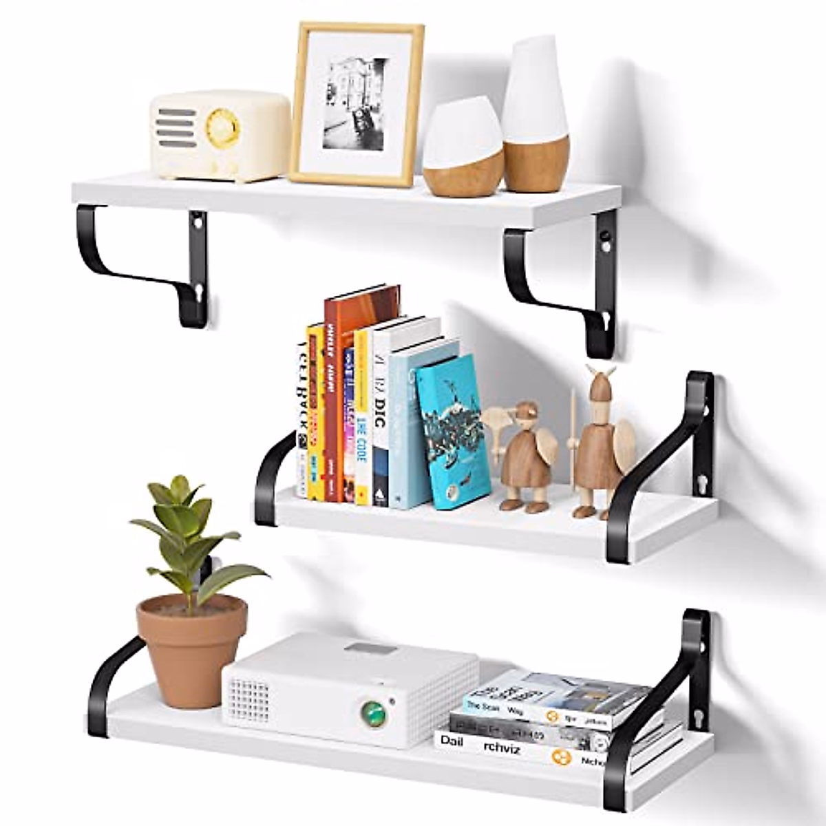 Love-KANKEI Floating Shelves Wall Mounted Set of 3, Large Wood Wall Shelves for Storage, Rustic Shelves for Display Bathroom,Bedroom,Living Room,Kitchen,Office and More White