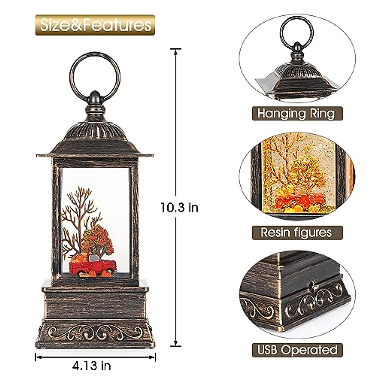 Red Truck Snow Globe Fall Decorations for Home, Thanksgiving Glittering Lighted Lantern Autumn Harvest Decor