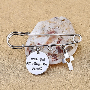 LQRI Cross Charm Safety Pin Brooch With God All Things Are Possible Christian Bible Verse Quote Charm Brooches Being Jewelry