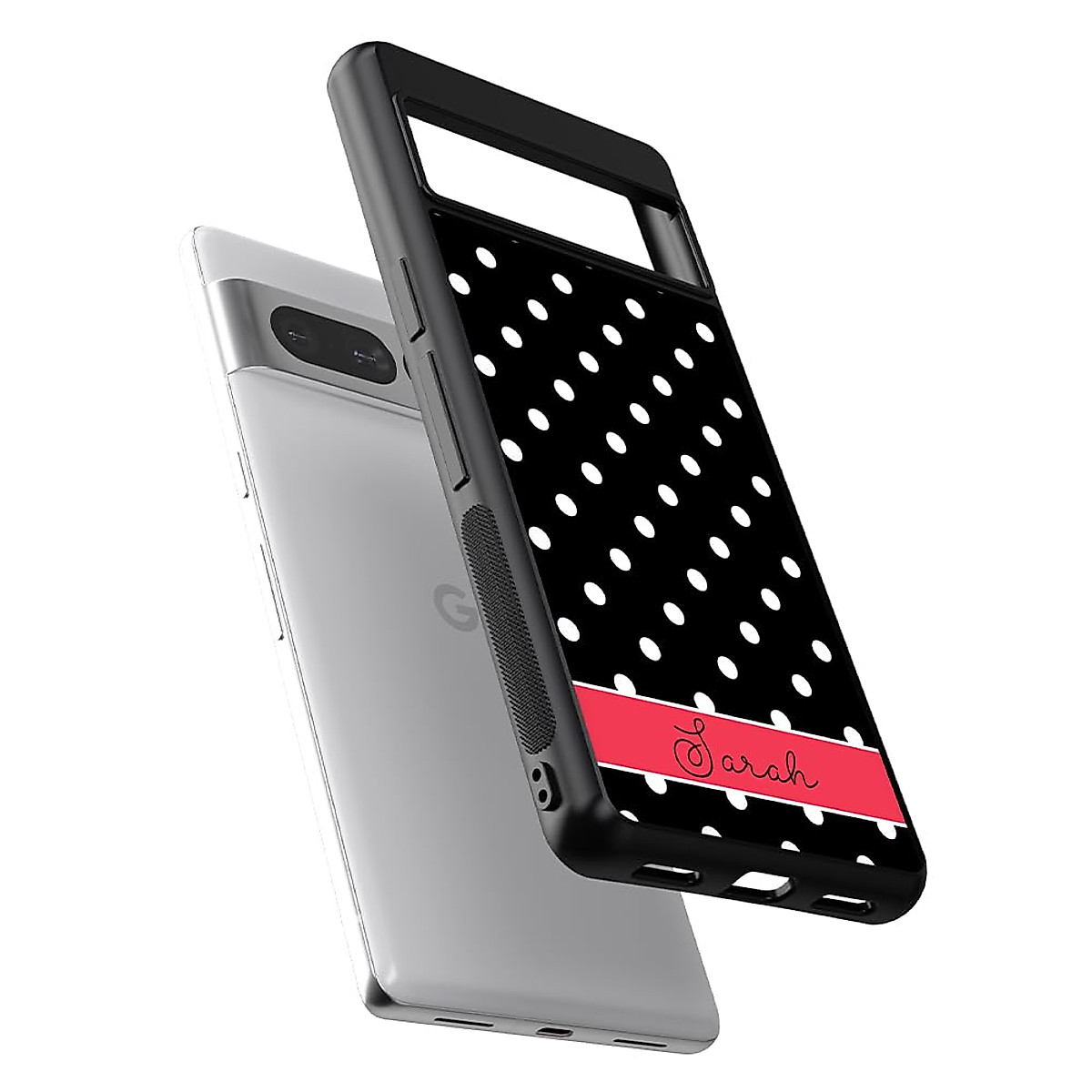 Polka Dot Black White Red Personalized Black Rubber Phone Case Compatible With Google Pixel 8 Pro, 8a, 8, 7a, 7, Pixel 7 Pro, 6a, Pixel 6 Pro, 6, Pixel 5, 4a 5G, 4a 4G, 4, 4 XL, 3a, 3a XL, 3, 3