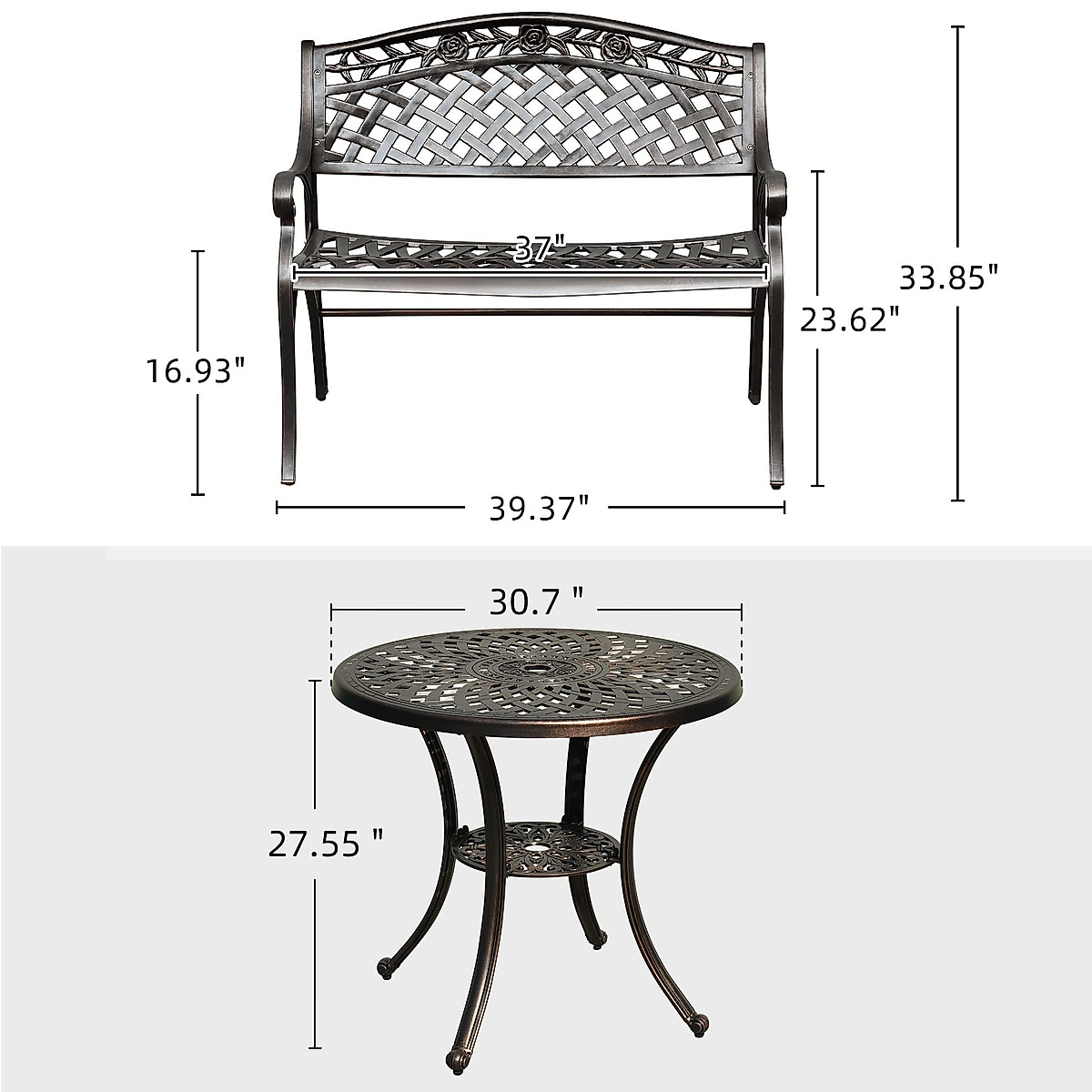 DWVO 2 Piece Outdoor Furniture Cast Aluminum Patio Dining Sets, 39.4 Inches Outdoor Patio Garden Bench, 30 Inches Round Table with Umbrella Hole, for Balcony Backyard Deck Garden Path Yard Lawn