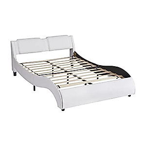 Modern Full Size Upholstered Platform Bed with LED Light Headboard, Metal Faux Leather Upholstered Platform Bed Frame with Wooden Slatted, Wave-Like Bed for Kids Teens Adult Bedroom (White-Full)