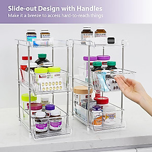 Guzon 2 Set, 3 Tier Pull Out Cabinet Organizer with Dividers, Clear Under Sink Organizer for Bathroom, Kitchen, Pantry, Countertop, Slide Out Medicine Cabinet Organizer