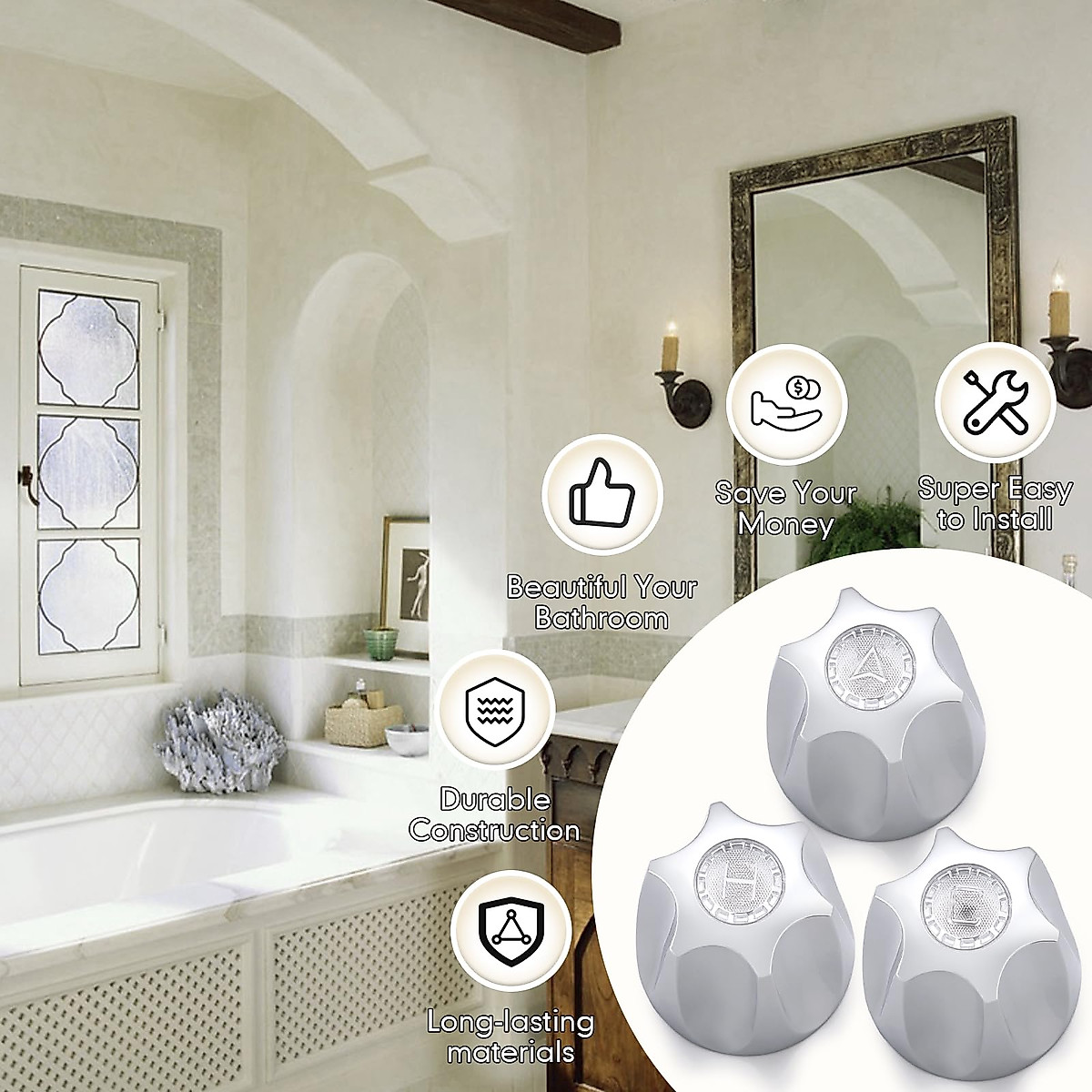 Shower Knobs 3 Piece Replacement for Fit for Price Pfister Tub Shower Faucet Handle Remodel Trim Kit, 3 Pieces Hot Cold and Diverter Shower Handles Replacement,Polished