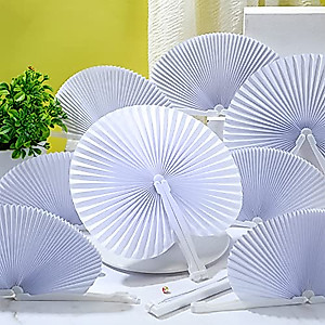 Yulejo White Paper Fans Wedding Fans Round Shaped Folding Fans Plastic Handle for Women Men Guest Wedding Celebration Birthday Party Favor (100 Packs)