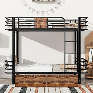 Bunk Bed Twin XL Over Twin XL, Metal Bunk Bed with Storage Drawers and MDF Board Guardrail, Modern Industrial Bunk Bed for Kids Boys Girls Teens, Black