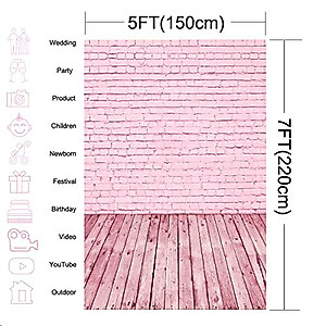 Mocsicka Pink Brick Wall with Wood Floor Photography Backdrop 5x7ft Vinyl Newborn Baby Photoshoot Children Kids Potrait Background Photo Booth Studio Props