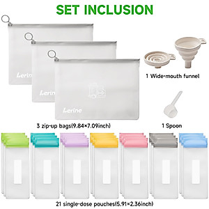 Protein Powder Travel Container Set - Reusable Protein Powder Container to Go - 21Pcs Single Dose Bags & 3Pcs Large Zip Bags - Portable Supplement Storage Container with Funnel, Spoon