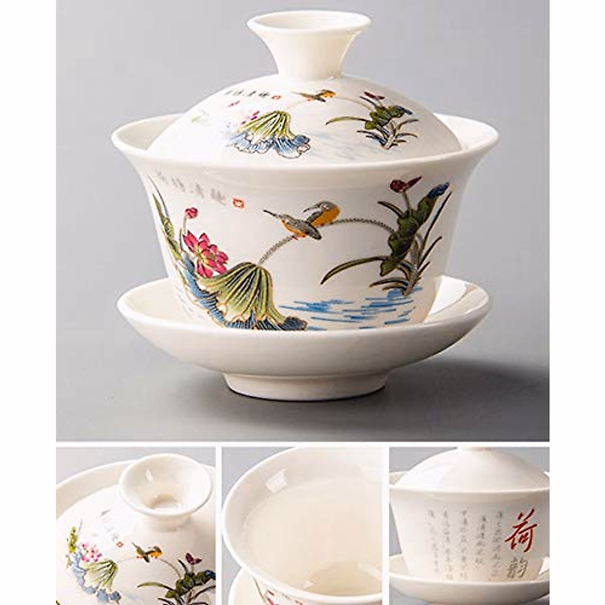Emoyi Lotus Rhyme Brid Pattern Porcelain Kung Fu Tea Cup and Saucer with Lid Sancai Tea Bowl Tea Set, White, 100ml(KK-544)
