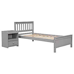 CITYLIGHT Twin Size Platform Bed with a Nightstand, Wooden Twin Bed Frame with Headboard and Footboard for Kids, Teens, Adults, No Box Spring Required (Twin, Gray)