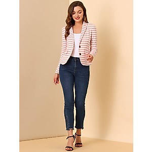 Allegra K Women's Notched Lapel Pocket Button Closure Striped Blazer Medium White Pink