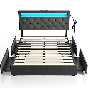 Rolanstar Full Size Bed Frame with Charging Station and LED Lights, Upholstered Bed with Adjustable Headboard and 4 Storage Drawers, No Box Spring Needed, Easy Assembly, Dark Gray