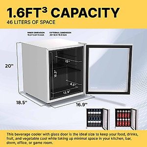 Husky Premium Countertop Mini Fridge, 46L Compact Beverage Refrigerator with 40 Can Capacity, Freestanding Mini Drink Fridge with Reversible Glass Door (White)