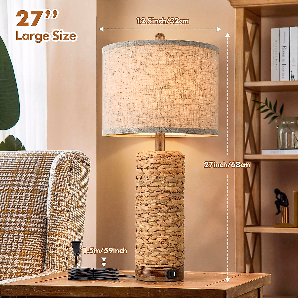 Set of 2 Rattan Table Lamps for Living Room with 2 USB Ports, 27in Tall Bedroom Lamp Costal Farmhouse, Rustic Woven Seagrass Bedside Nightstand Lamps for End Table, E26 Socket&Rotary Switch, No Bulb