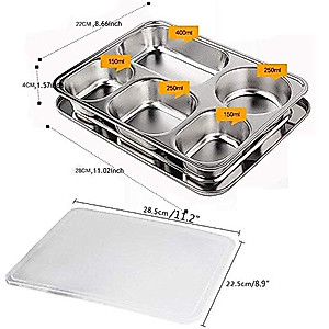 AIYoo 304 Stainless Steel Divided Plates with Lid for Adults Divided Dinner Tray 5 sections Bento Lunch Box Divided Food Containers