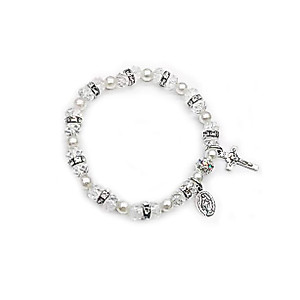 Crystal Cross Bracelet Elastic Beads Stretch Rosary Bracelet with Crucifix and Miraculous Medal for Women