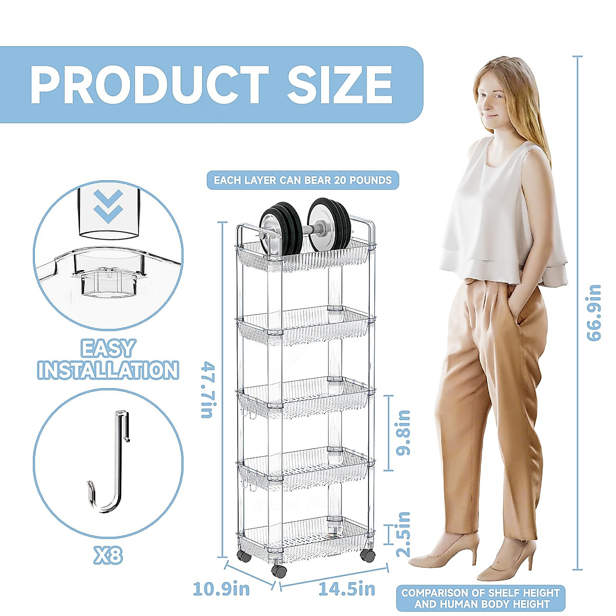 Clear 5 Tier Rolling Utility Cart with Wheels,Modern Bedside Cart for Baby Essentials,Nursery,Diaper Caddy,Baby Supplies,Rolling Storage Cart for Living Room,Bathroom,Kitchen,Book Cart