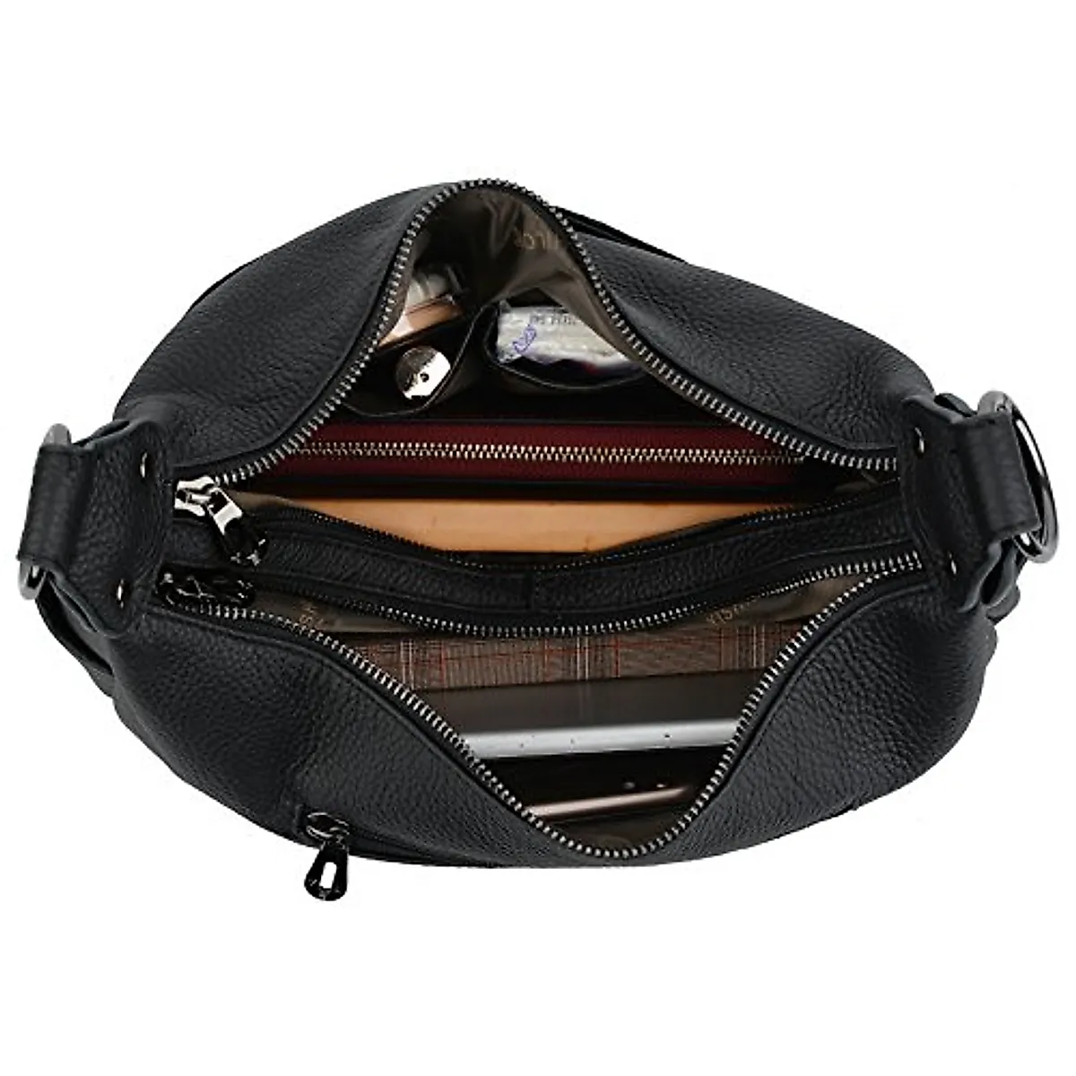 YALUXE Women's Double Zipper Cowhide Leather Style Shoulder Bag Black 2.5