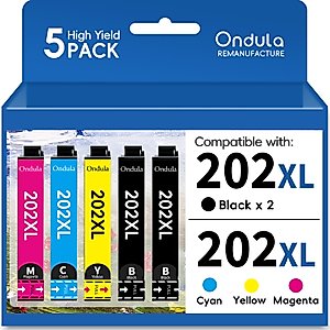 Ondula Remanufactured Ink Cartridge Replacement for Epson 202XL Mutipack 202 XL T202 Work with Workforce WF-2860 Expression XP-5100 Printer (2 Black, Cyan, Magenta, Yellow 5-Pack)