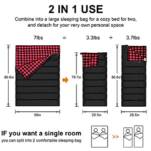 Cotton Flannel Double Sleeping Bag for Camping, Backpacking, Or Hiking. Queen Size 2 Person Waterproof Sleeping Bag for Adults Or Teens. Truck, Tent, Or Sleeping Pad, Lightweight（Pillows NOT Include）