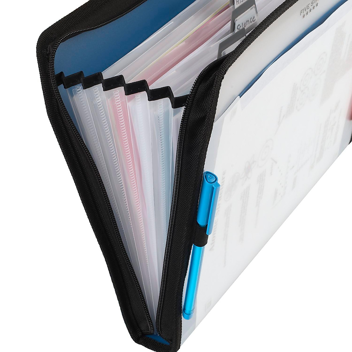 Five Star 7 Pocket Expanding File Organizer + Study App, Plastic Expandable File Folders with Customizable Tabs & Clear Cover, Holds 11" x 8-1/2", Zipper Closure, Pacific Blue (72711)