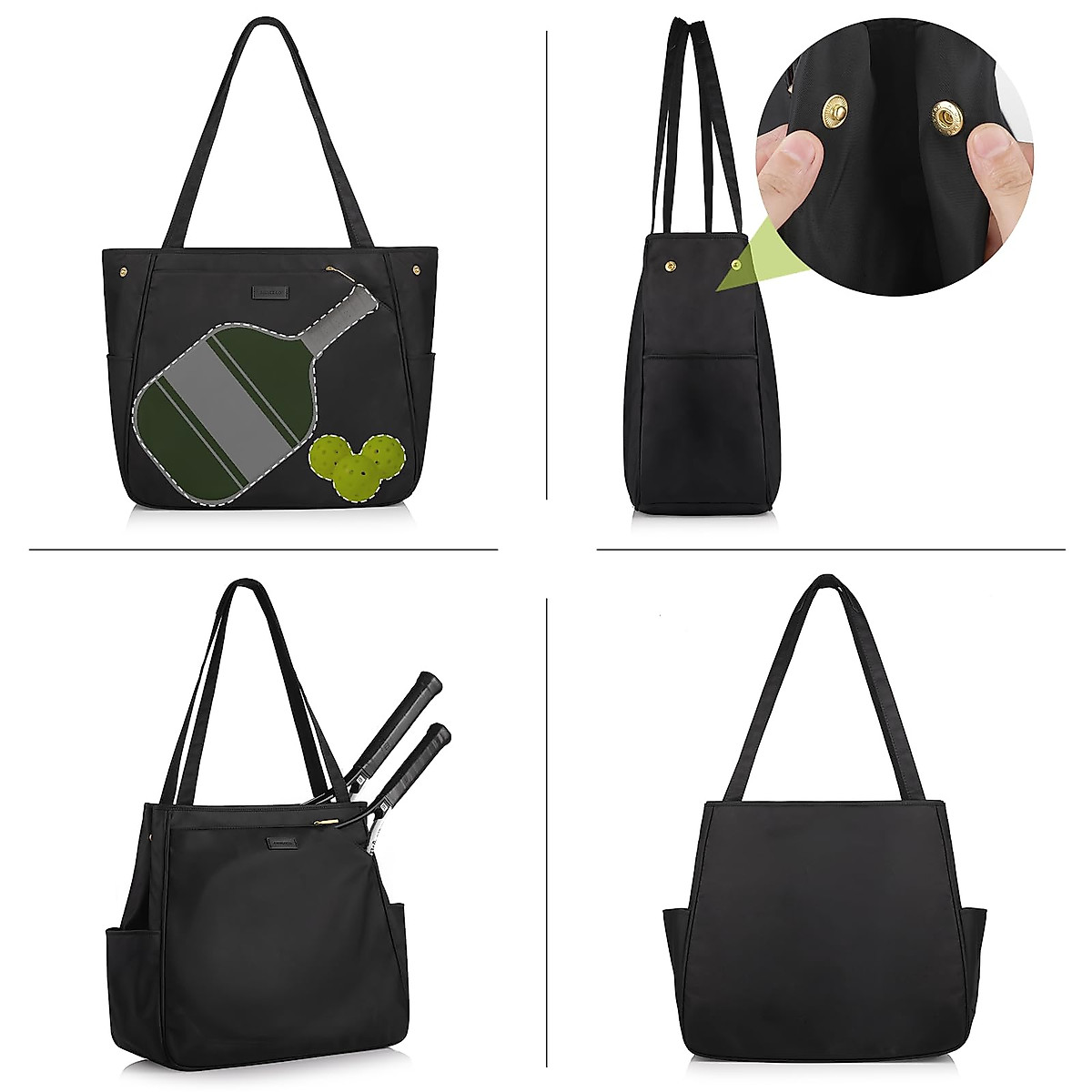CHICECO Tennis Tote Bag for Women, Large Tennis Racket Bag, tennis bag 2 rackets,Pickleball Bag,Padel Bag,Black (Black)