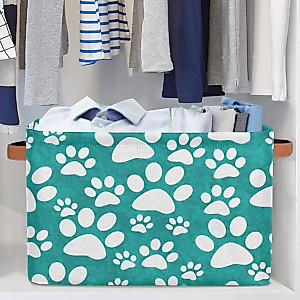 Teal and White Dog Paw Foldable Storage Basket Bin Large Fabric Kids Toys Storage Cube Box with Handles Collapsible Closet Shelf Cloth Organizer Basket for Nursery Bedroom Shelves Laundry