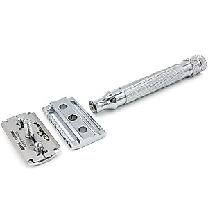 Parker 91R Double Edge Safety Razor – Three-Piece Heavyweight Safety Razor with Brass Frame & Chrome Plated Knurled Handle –5 Premium Parker Platinum Double Edge Razor Blades Included