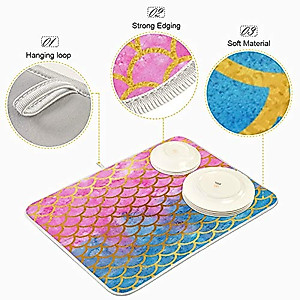 Sea Mermaid Scales Dish Drying Mat 16"x18" Absorbent Machine Washable Hanging Fast Dry Pad Dish Protective Mat for Kitchen Countertop Heat Resistant Dinner Table Mat