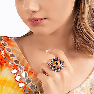 VOYLLA Women's Kalbelia Enamel Embellished Ring (Silver)