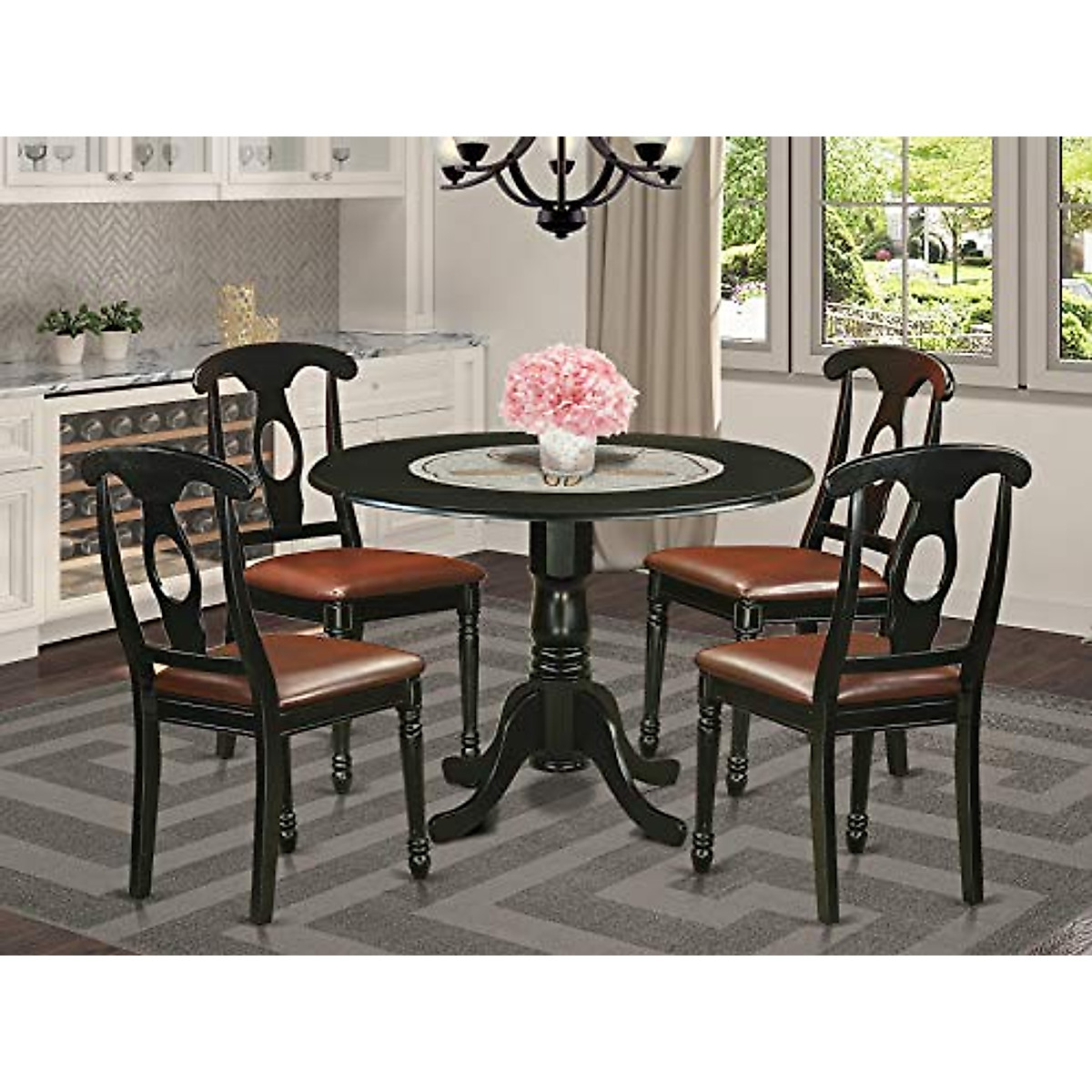 East West Furniture Dublin 5 Piece Dinette Set for 4 Includes a Round Table with Dropleaf and 4 Faux Leather Dining Room Chairs, 42x42 Inch, Black