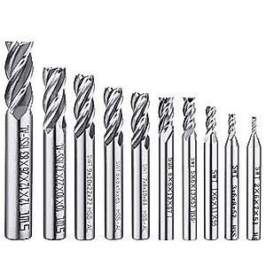 10 pcs 4-Flute End Mill Bits, AFUNTA 0.08" - 0.47" HSS CNC Straight Shank Drill Bits Cutter Tool Set for Wood Aluminum Steel Titanium
