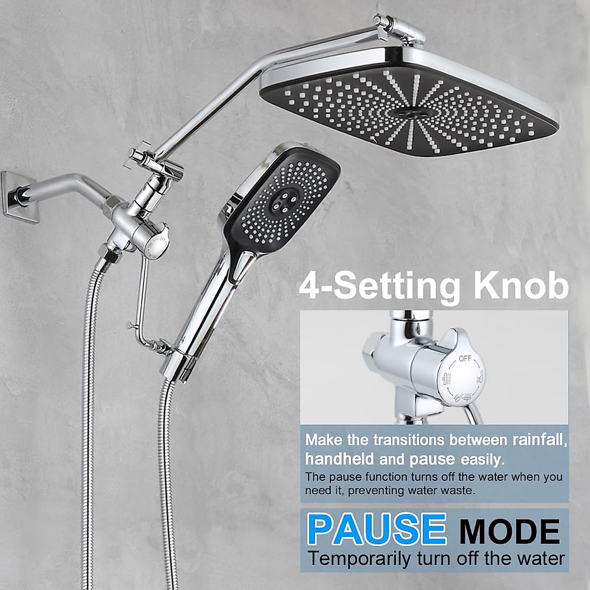 CyberWater 12 Inch Shower Head with Handheld Spray Chrome Built-in Power Wash Mode 3-way Diverter with Pause Setting, Adjustable Extension Shower Arm, 71 Inches Stainless Steel Hose