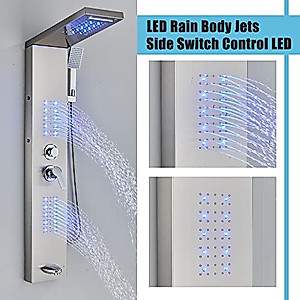 FCOTEEU Shower Panel Tower System,LED Rainfall Waterfall Shower Head LED Large Area Massage Jets Tub Spout,Stainless Steel Bathroom Shower Tower Column Brushed Nickel
