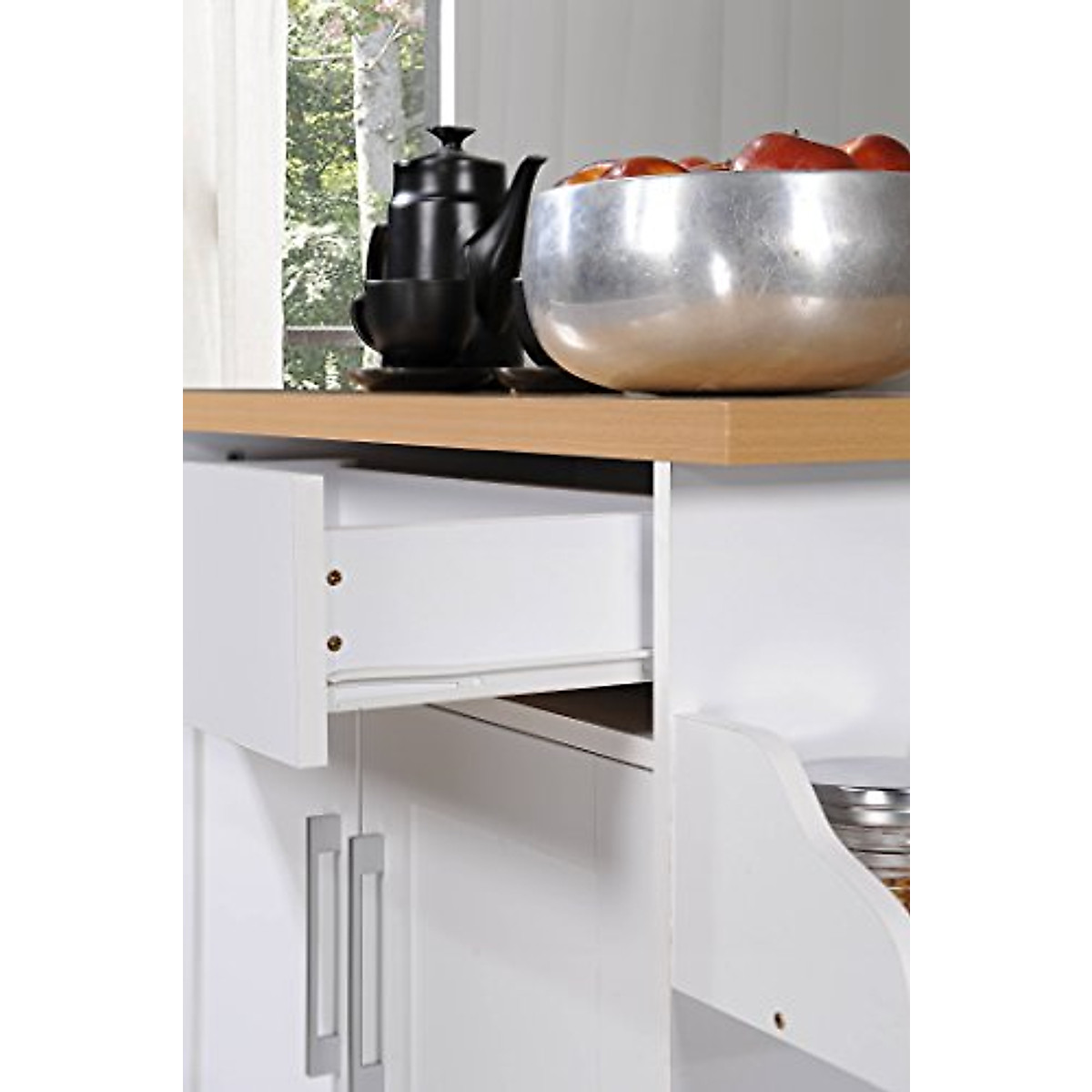 Hodedah Kitchen Island with Spice Rack, Towel Rack & Drawer, White with Beech Top, 15.5 x 35.5-44.9 x 35.2 inches
