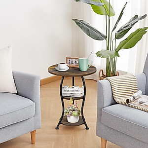 SMFANLIN 15.7 Inches Round Wood Side Table for Small Space, 3-Tier Accent End Table with Metal Frame, Coffee Table Corner Sofa Table Nightstand for Living Room, Bedroom (Rustic Brown)