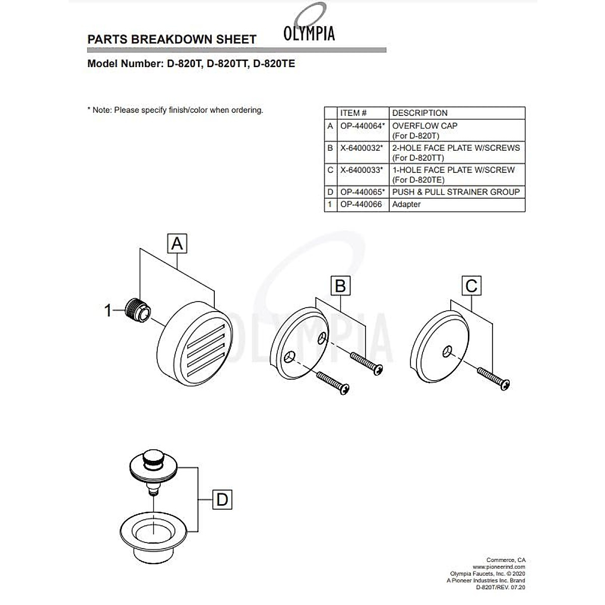 Olympia D-820T-MB Overflow and Waste Drain Trim Kit Matte Black