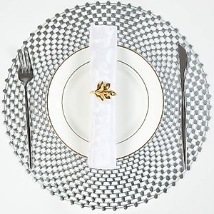 Crisjanggo Silver Metallic Placemats Set of 6 Pressed Vinyl Round Tablemats Simple Hollow Out Design Mats Washable Stain Resistant Nonslip Place Mat for Dining Table Wedding Party Decoration