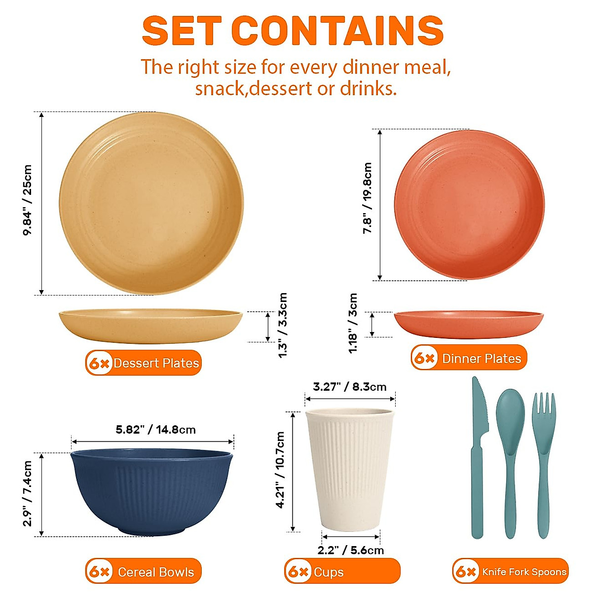 Wheat Straw Dinnerware Sets for 6 (42pcs), SGAOFIEE Unbreakable Dinnerware Set, Kitchen Plates and Bowls Set, Unbreakable Plastic Outdoor Camping Dishes, Dishwasher Microwave Safe, Autumn Multicolor