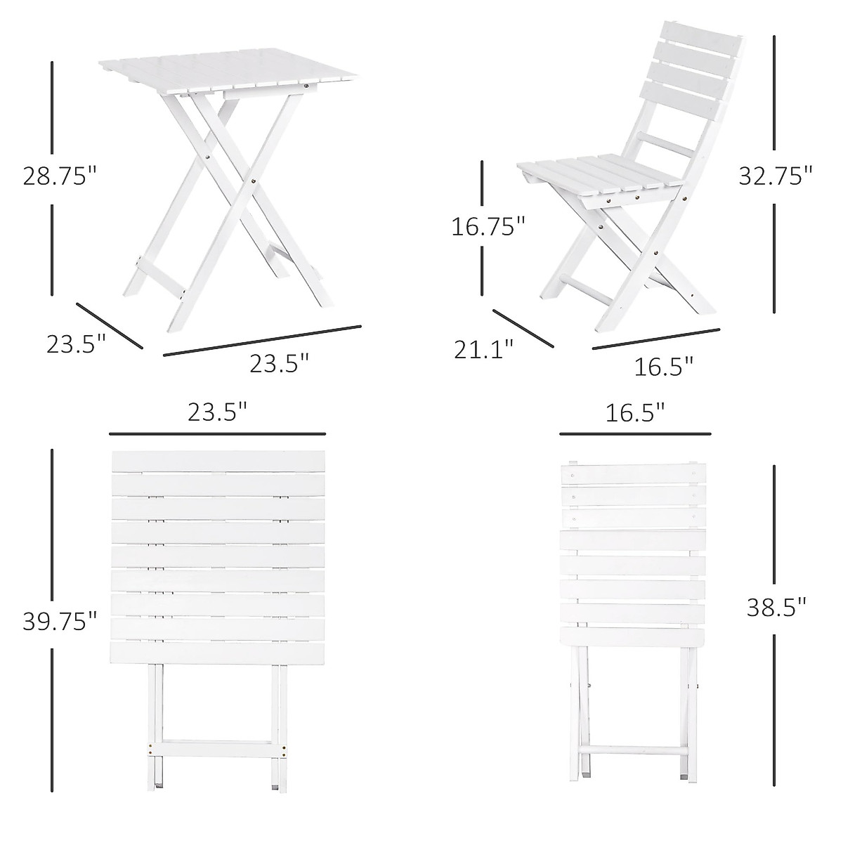 Outsunny 3 Piece Bistro Set, Wood Folding Outdoor Furniture with Table & Chairs for Backyard & Balcony, Square, White