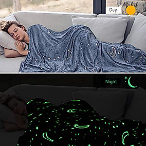 Glow in The Dark Throw Blanket, Moon and Stars Soft Warm Cozy Fuzzy Plush Blanket for Kids Teenage Boys Girls Women Best Friend Birthday Christmas (50 x 60 inches Blue)