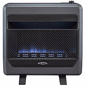 Bluegrass Living B30TPB-BB Ventless Propane Gas Blue Flame Space Heater with Thermostat Control, 30000 BTU, Heats Up to 1400 Sq. Ft., Includes Wall Mount, Base Feet, and Blower, Black