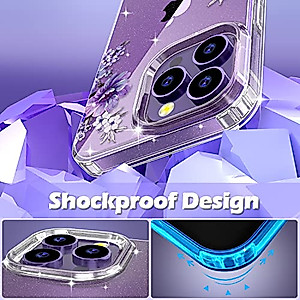 OKP Case [3 in 1] for iPhone 14 Pro, with Screen Protector & Camera Lens Protector, Floral Slim Shockproof Cute Phone Case 6.1 inch 2022 Clear Glitter Protective Cover for Women Girl, (Purple/01)