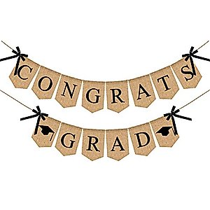 Adurself Graduation Burlap Banner Congrats Grad Rustic Jute Burlap Garland 2021 Grad Party Mantel Fireplace Wall Hanging for Home Graduation Party Classroom College Senior High School Prom Decorations