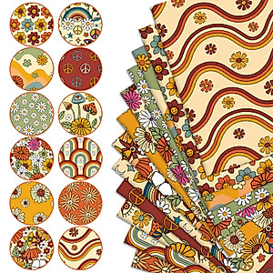 Whaline 12Pcs Retro Floral Cotton Fabric Bundles 10 x 10 Inch Hippie Groovy Boho Rainbow Printed Fat Quarters Boho Quilting Patchwork for DIY Handmade Crafting Home Party Decor