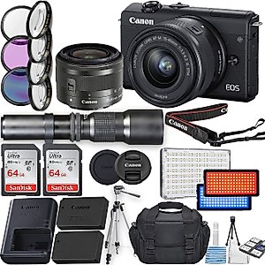 Canon EOS M200 Mirrorless Camera with EF-M 15-45mm f/3.5-6.3 is STM Lens + 500mm f/8 Preset Lens + 2pc 64GB Memory Cards + LED Video Light + Cleaning Kit & More (Renewed)