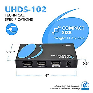 OREI 4K 1x2 2.0 HDMI Splitter, 2 Ports with Full UltraHD 4:4:4 HDR, HDR10, Dolby Vision, HDCP 2.2, 4K at 60Hz, EDID Support