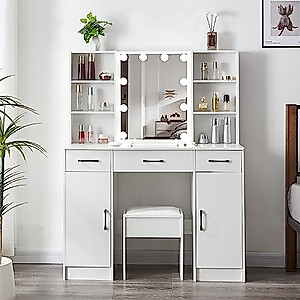 Xinhonglei Large Vanity Set with LED Lights, Vanity Desk with Mirror and Lights, Makeup Vanity Dressing Table with Drawewrs, Cabinet and Cushioned Stool for Bedroom, White